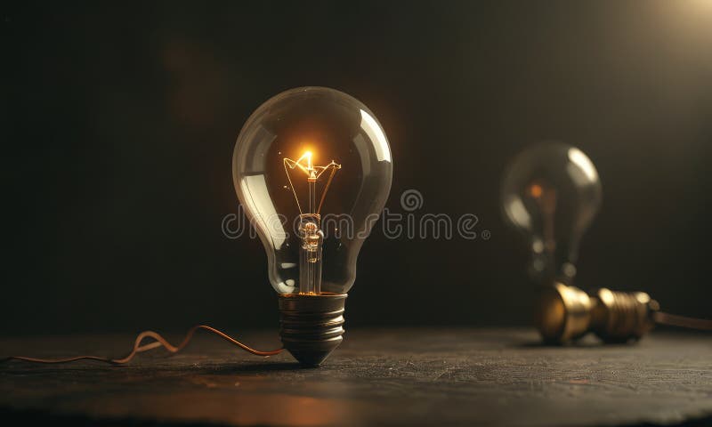 Two Light Bulbs with Glowing Yellow Light are Positioned on Dark ...