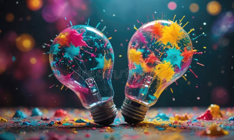 Two Light Bulbs are Lit Up with Colorful Paint Splatters on Them ...