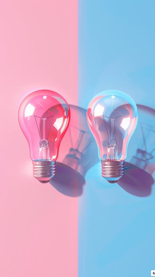Two Light Bulbs on Pink and Blue Split Background, Conceptual Lighting ...