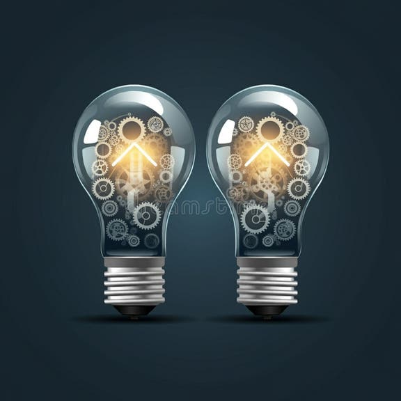 Two Light Bulbs with Visible Internal Gears and Cogs, Representing ...