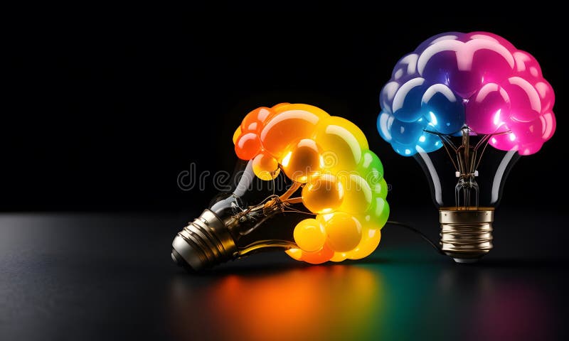 Colorful Brain Lightbulbs on Black Stock Photo - Image of conceptual ...