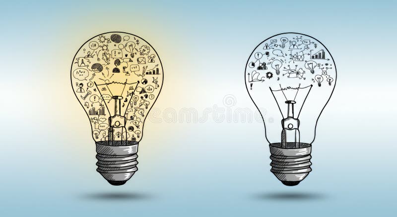 Two Lightbulbs One Filled with Ideas and One Empty Stock Illustration ...