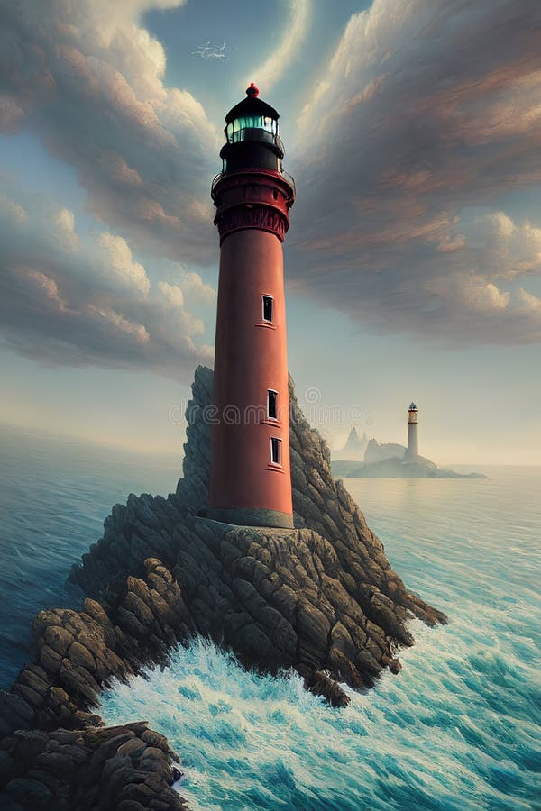 Two Lighthouses on the Rocks in the Sea. Generative Ai Stock ...