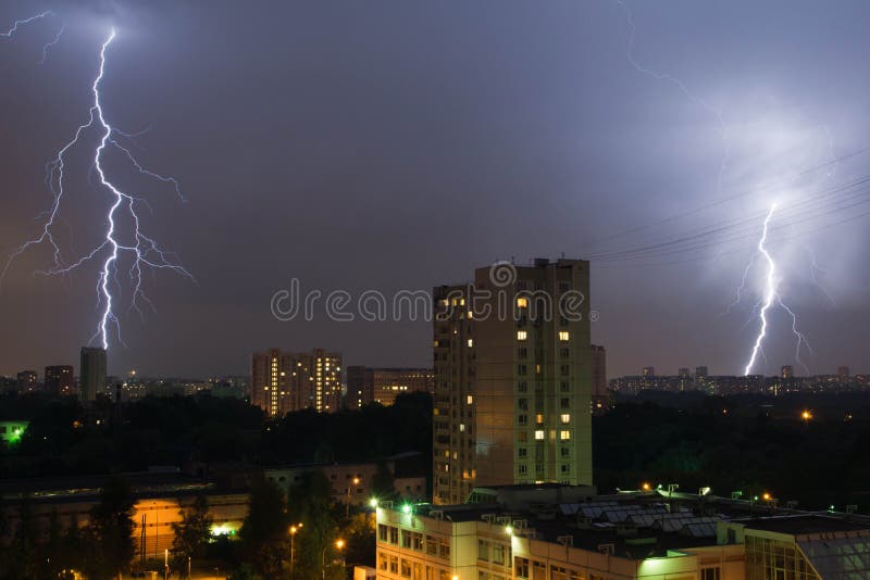 Two Lightning in Night Sky in the City Stock Photo - Image of ...