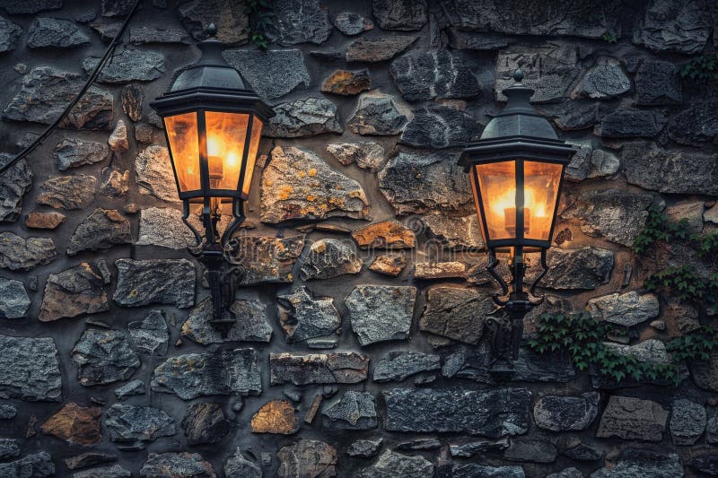 Two Lights Mounted on a Stone Wall, Possibly Decorative or Functional ...