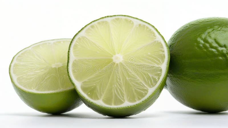 Two Lime Halves and One Whole Lime on White Background Stock ...