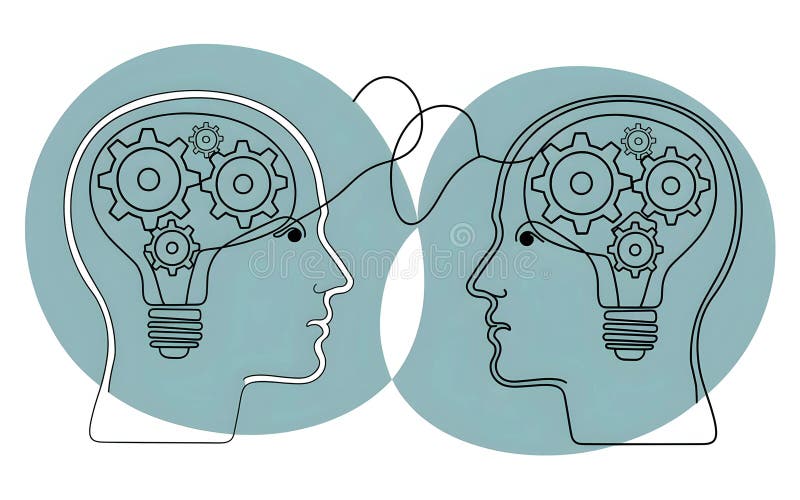 Two Line Drawings of Heads Facing Each Other, Each with a Lightbulb ...