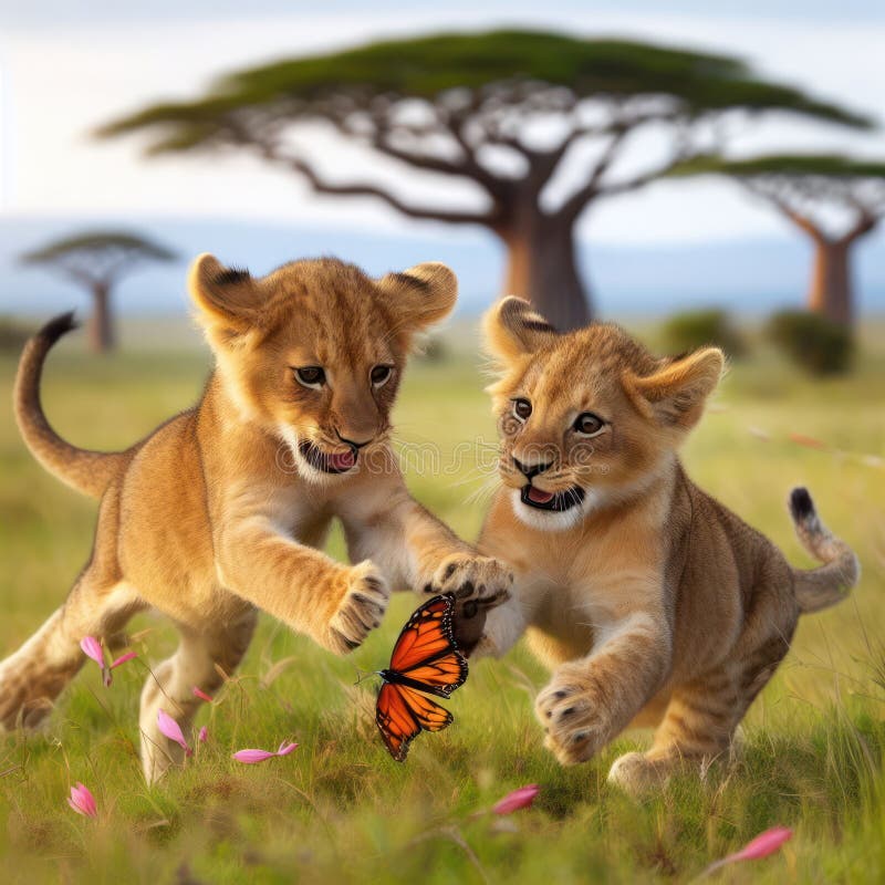 Two Lion Cubs Playing and Learning To Hunt Stock Illustration ...
