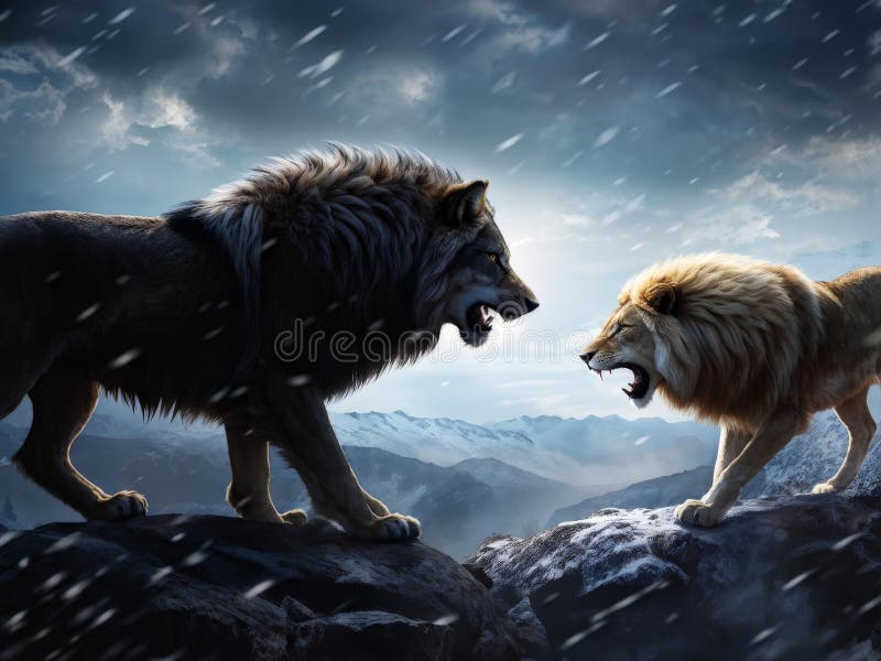Two Lion Fighting on Mountain Stock Illustration - Illustration of ...