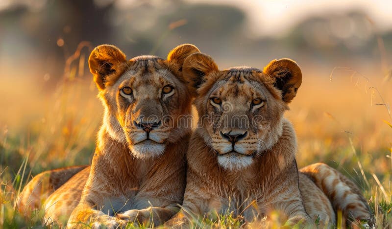 Two Lionesses Lying in the Grass. Animals in the Wild Stock Photo ...