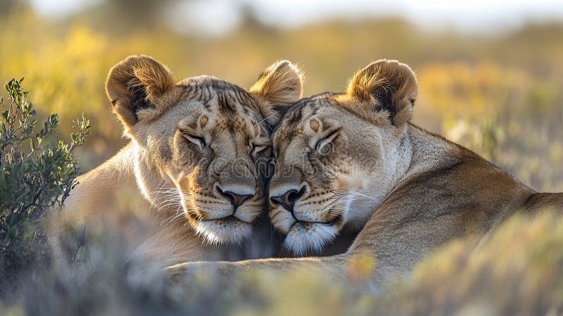 Two Lionesses Resting Together, Heads Touching, Eyes Closed, in a ...