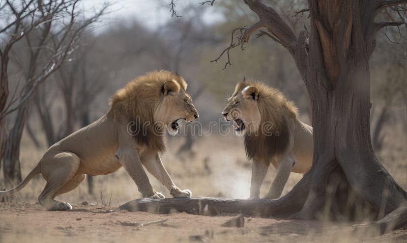 Two Lions Fiercely Battling Over a Kill Creating Using Generative AI ...