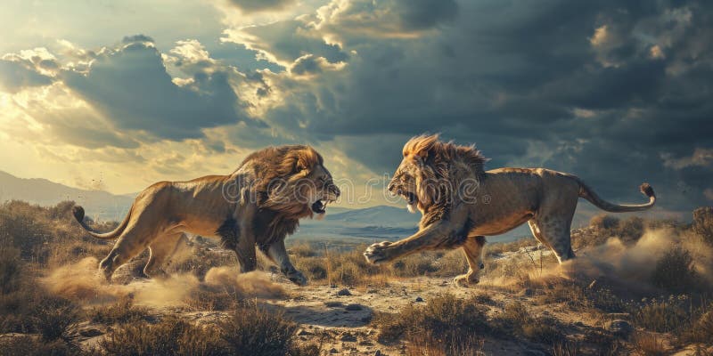 Two Lions Fighting Against Each Other at Sunset Stock Illustration ...