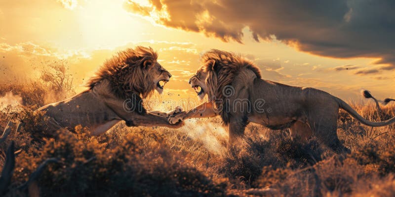 Two Lions Fighting Against Each Other at Sunset Stock Illustration ...
