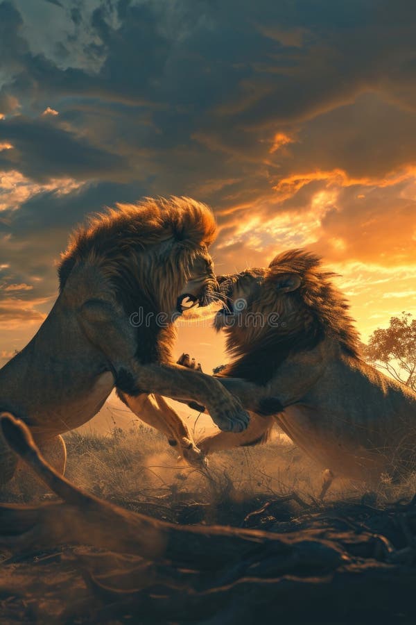Two Lions Fighting Against Each Other at Sunset Stock Illustration ...
