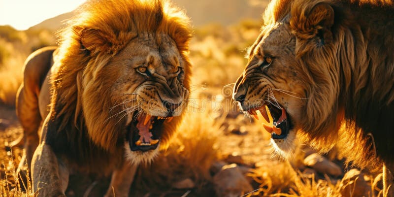 Two Lions Fighting in the Desert with Stormy Sky and Sun Stock ...