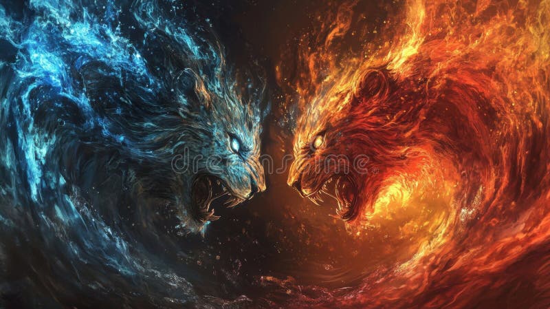 Two Lions Fighting in a Fiery Fire and Water Stock Illustration ...