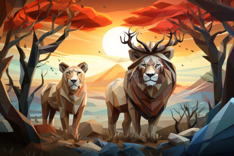 Two Lions in the Forest at Sunset Stock Illustration - Illustration of ...