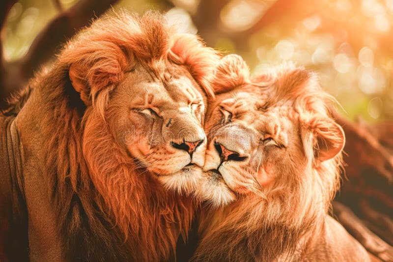 Two Lions are Hugging Each Other Stock Image - Image of hugging, trees ...