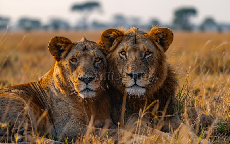 Two Lions Laying in the Grass Stock Photo - Image of nature, carnivore ...