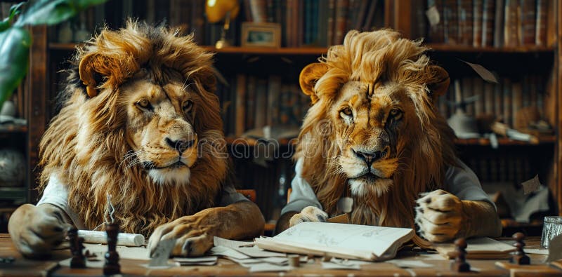 Two Lions in a Library stock illustration. Illustration of serious ...