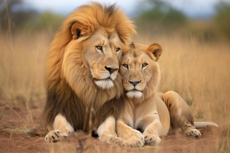 Two Lions Nuzzling in a Serene Field Stock Illustration - Illustration ...