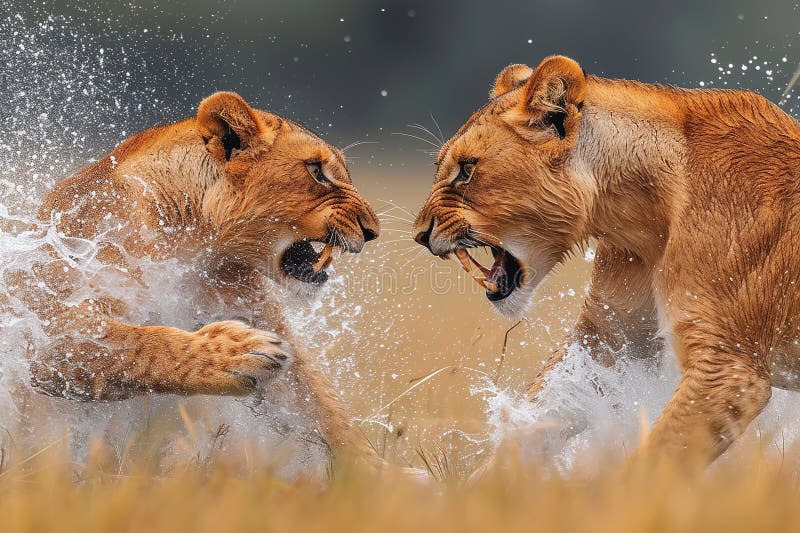 Two Lions Playing Together. Generative AI Stock Illustration ...