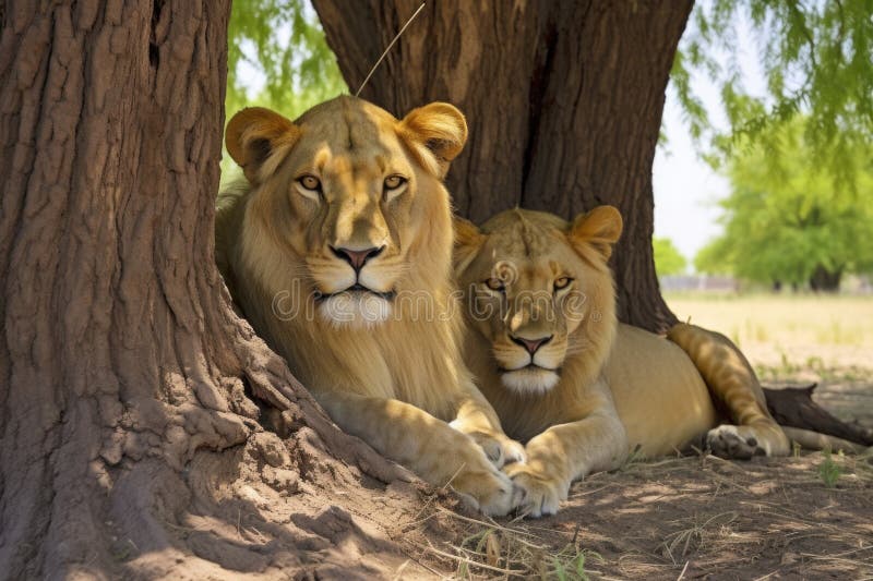Two Lions Resting Under a Shady Tree Stock Photo - Image of shady ...