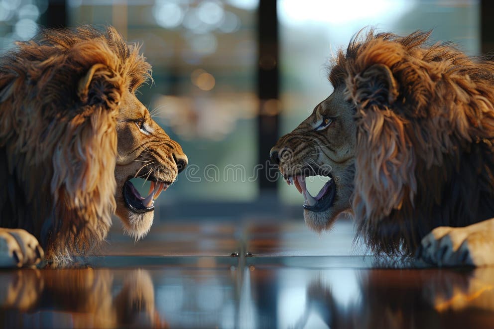 Two Lions Sit Side by Side on a Table, Awaiting Their Fate Stock Photo ...