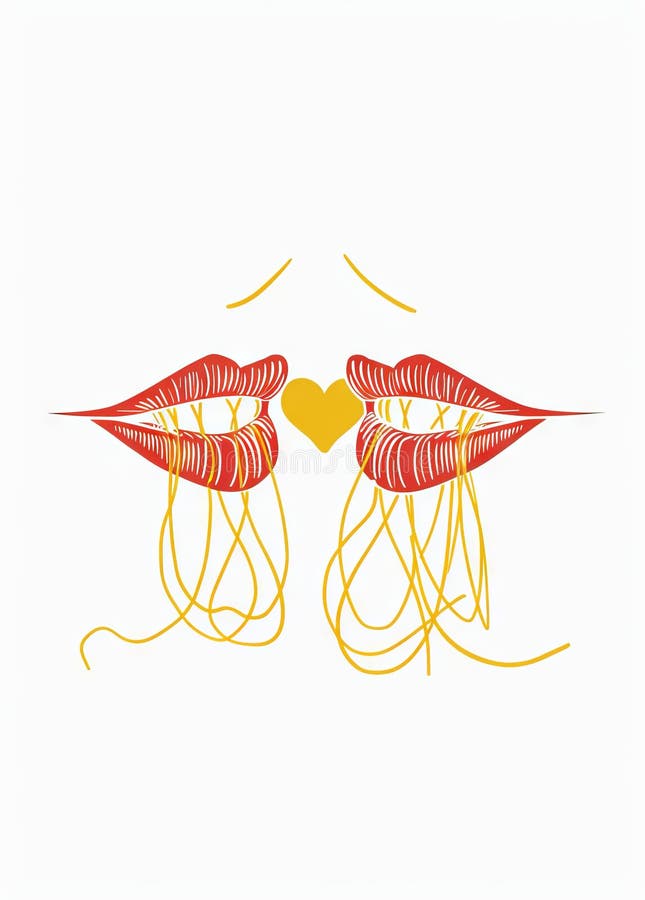 Two Lips with a Heart and Spaghetti Stock Illustration - Illustration ...
