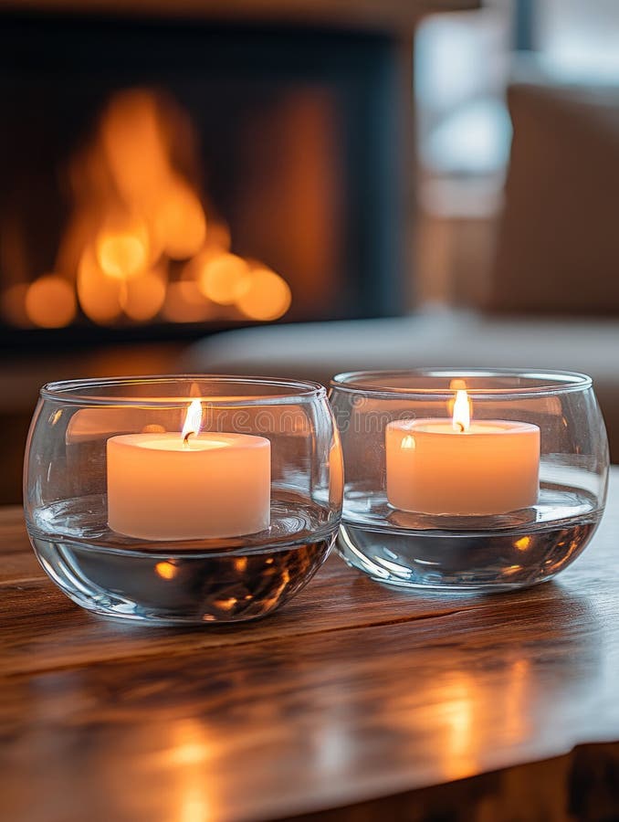 Two Lit Candles in Glass Bowls by a Fireplace Stock Photo - Image of ...