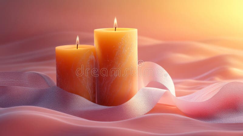 Two Lit Candles Resting on Soft Pink Fabric Stock Illustration ...