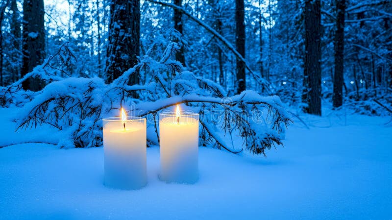Two Lit Candles in Snowy Winter Forest Stock Photo - Image of stillness ...