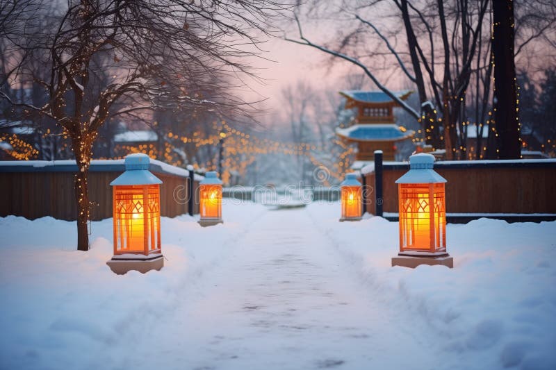 Two Lit Lanterns Illuminating a Snowy Path at Dusk Stock Illustration ...