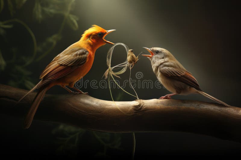 Two Little Birds are Fighting on a Tree Branch in the Dark, a Bird ...