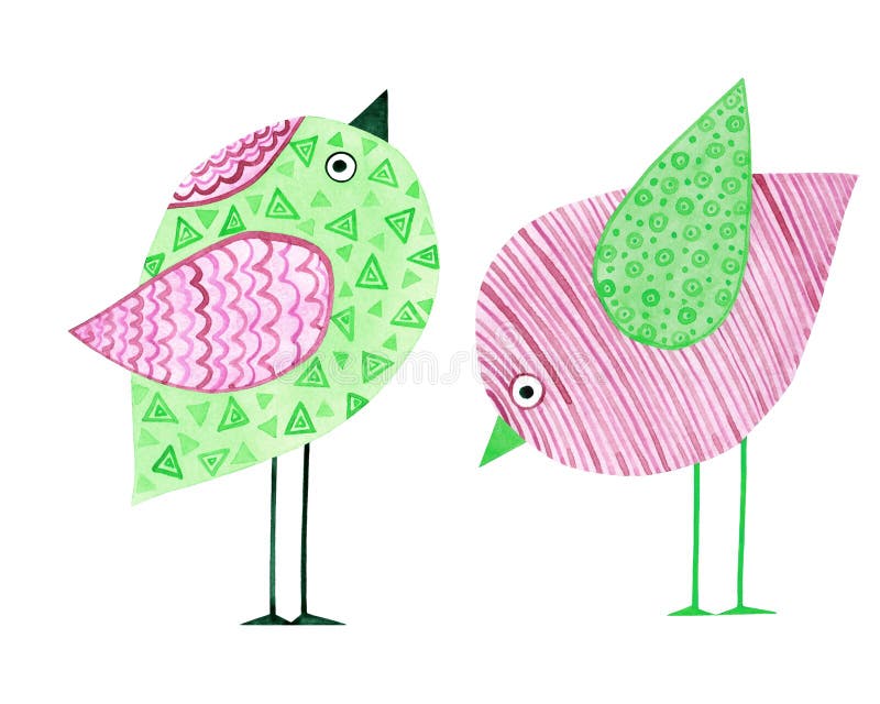 Two Little Birds. Watercolor Illustration, Postcard. Stock Illustration ...