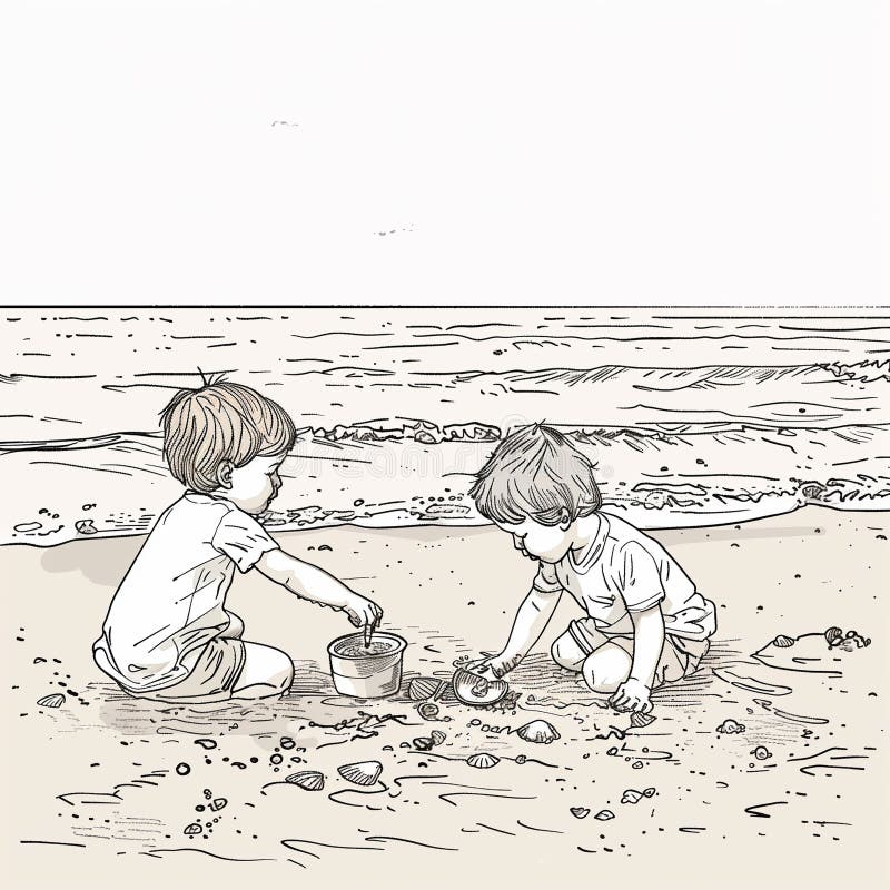 Two Little Boys Playing on the Beach, Drawing by Hand. Stock ...