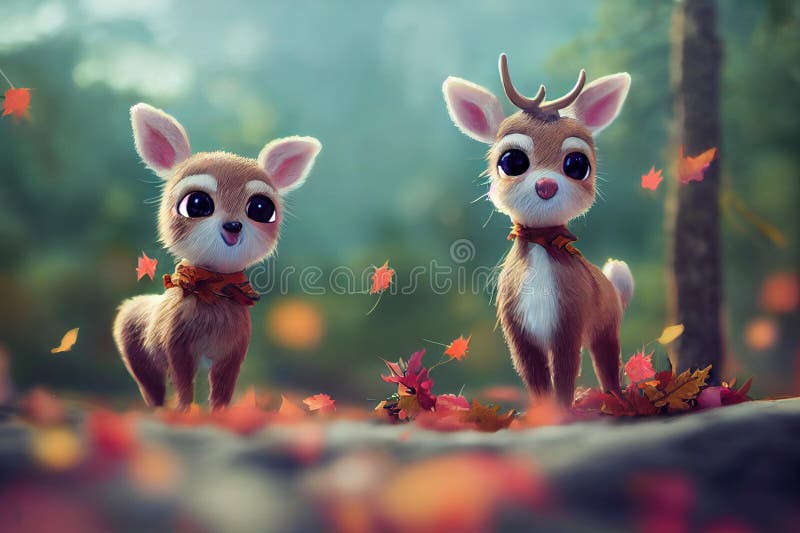 Two Little Deer in the Autumn Fall. Beautiful Raindeer, Nature ...