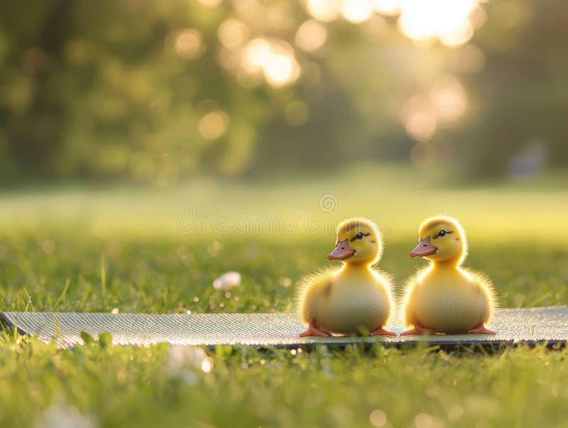 Two Little Ducks Sitting on a Mat in the Grass Under Bright Sunlight ...