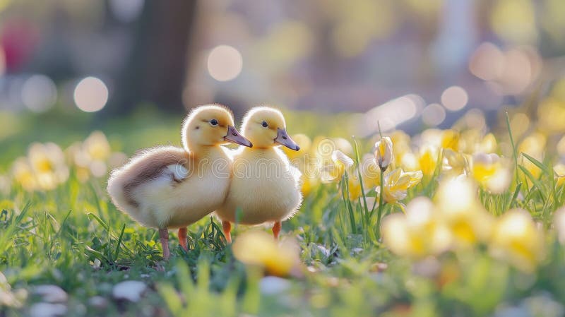 Two Little Ducks are Standing in the Grass Stock Illustration ...