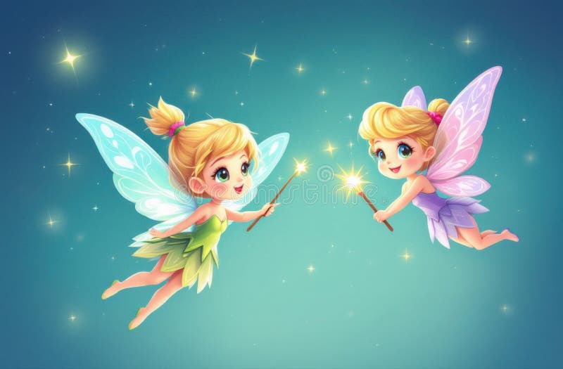 Two Little Elf Girls Flying in the Air Stock Illustration ...