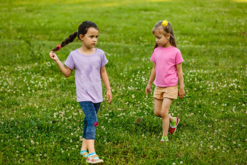 Two Little Friends Girls in the Field. Stock Image - Image of pretty ...