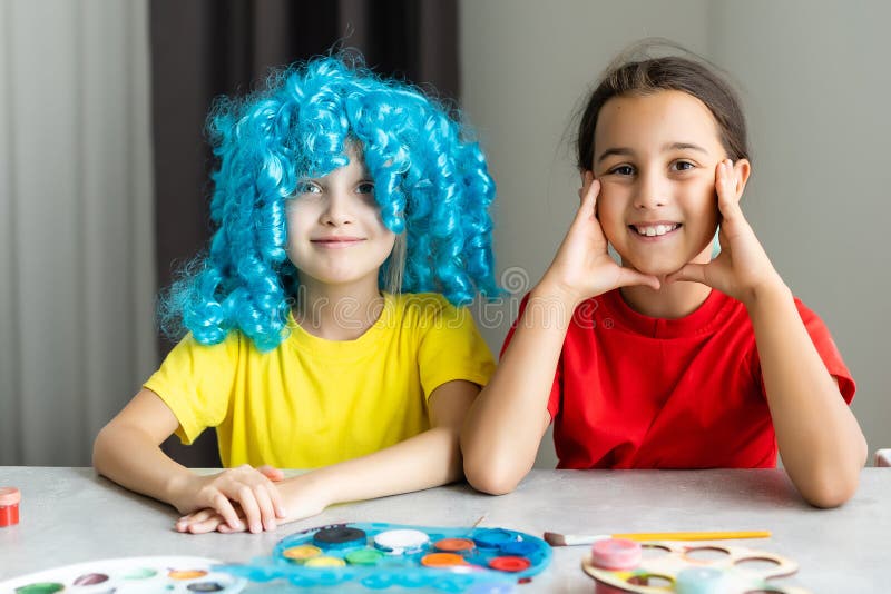 Two Little Girls Create Craft at Home Stock Image - Image of woman ...