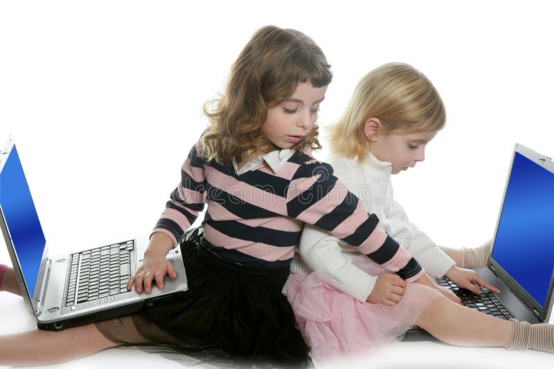 Two Little Girls Sister with Computer Laptops Stock Photo - Image of ...