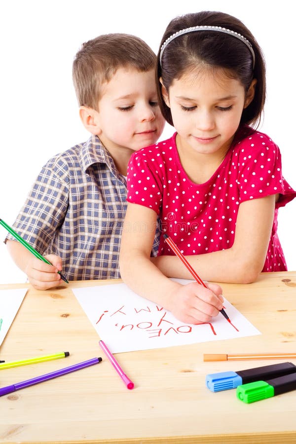 Two Little Kids Draw with Crayons Stock Photo - Image of painter, cute ...