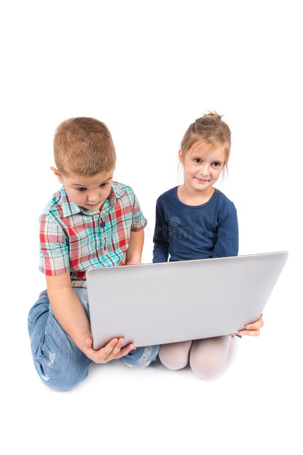Two Little Kids Using a Laptop Stock Image - Image of amusing, child ...