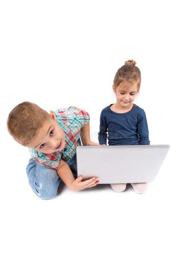 Two Little Kids Using a Laptop Stock Photo - Image of female, copyspace ...