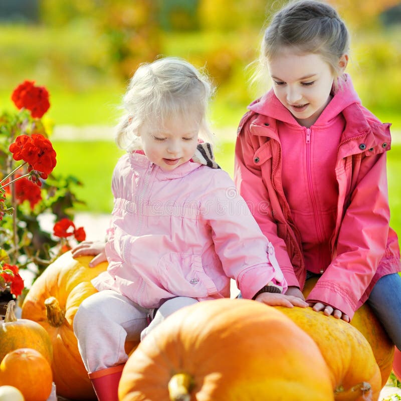 Two Little Sisters and Some Huge Pumpkins Stock Image - Image of ...