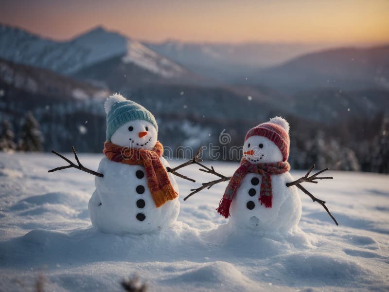 Two Little Snowmen Standing in a Winter Landscape. Stock Illustration ...