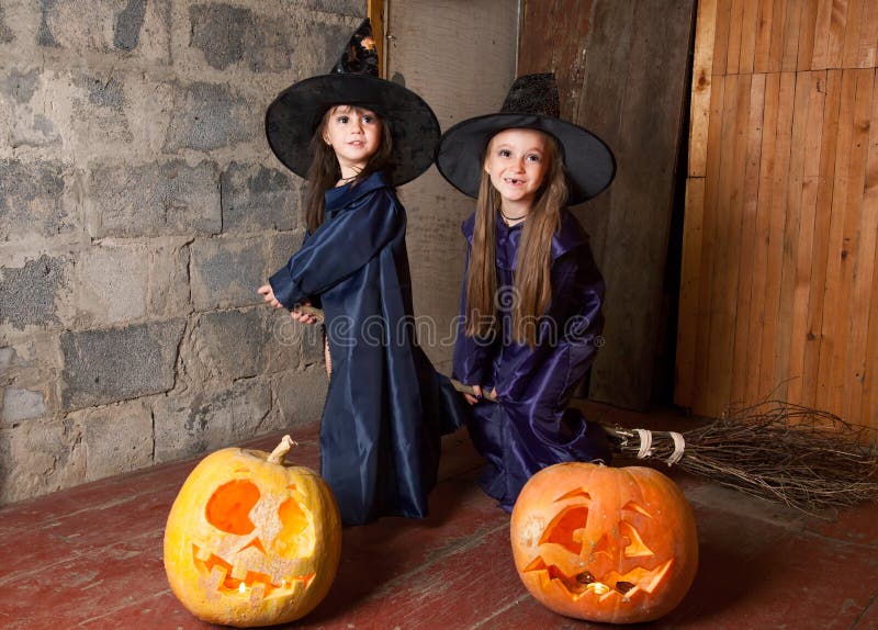 Two little witches stock image. Image of witchery, trick - 26464199